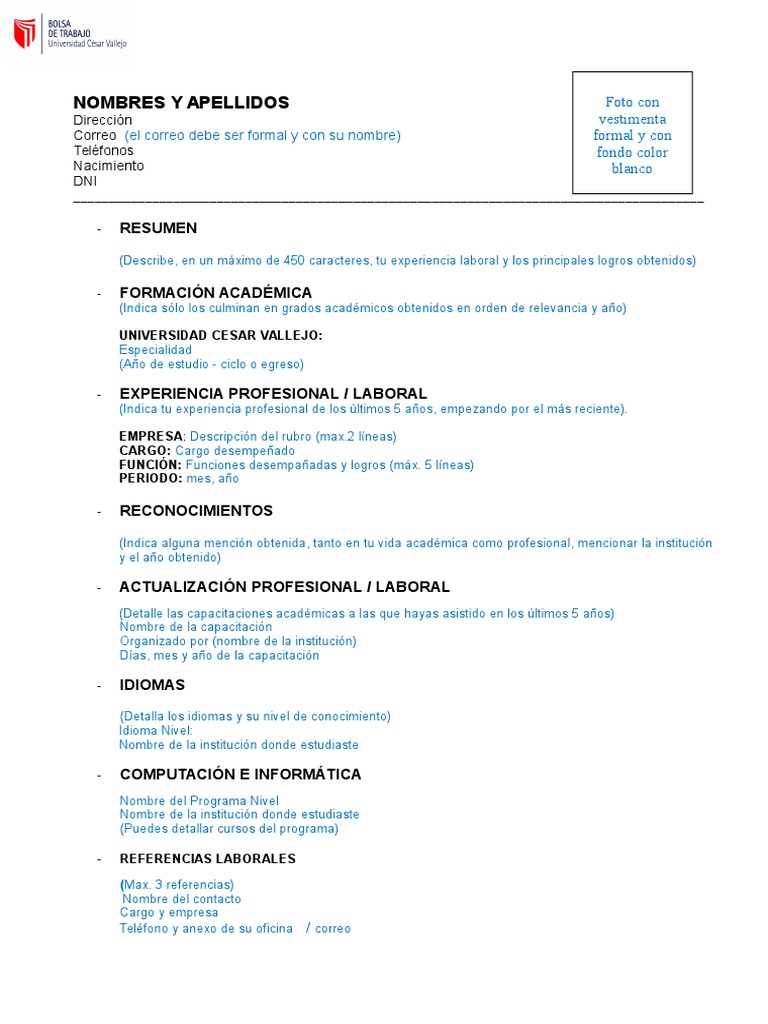 Currículum Vitae: Resumen de experiencia profesional, formación académica y logros de Juan Perez ...