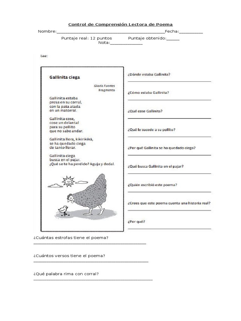 Control de Comprensión Lectora de Poema | PDF