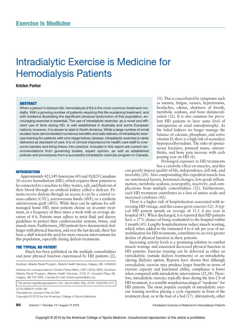 Intradialytic Exercise Is Medicine For.1 | PDF | Hemodialysis | Chronic ...