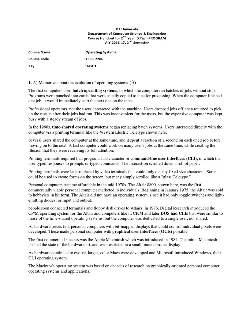 Os Test 1 Key | PDF | Scheduling (Computing) | Operating System