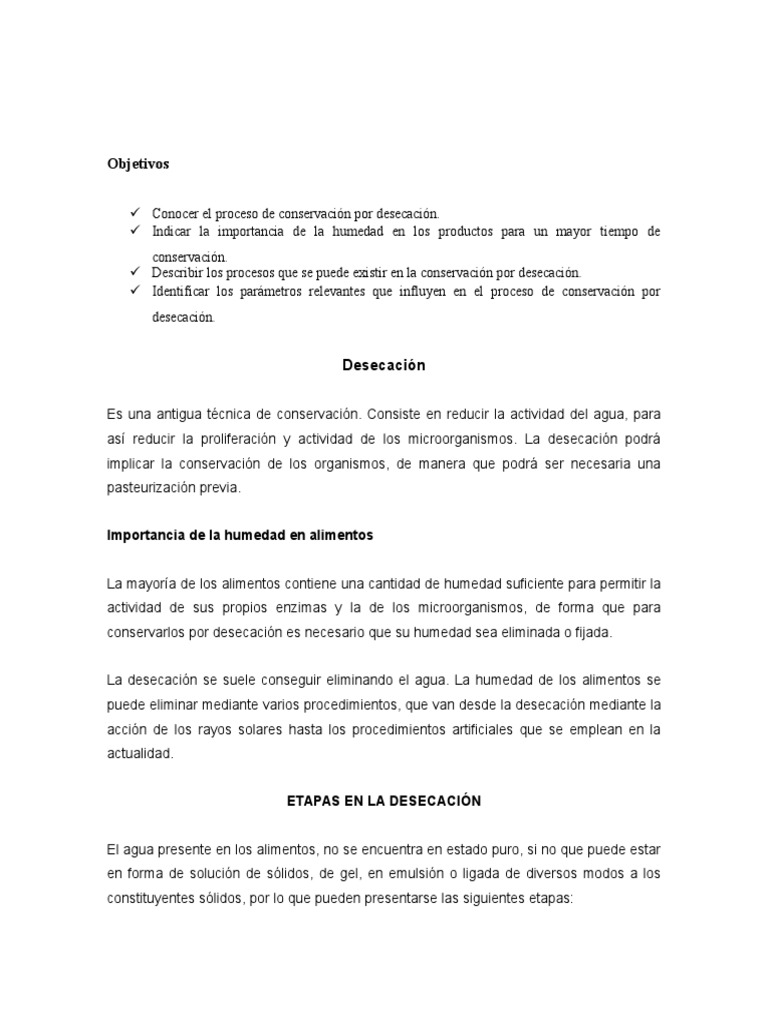 Conservación de Alimentos por Desecación | PDF | Agua | Alimentos