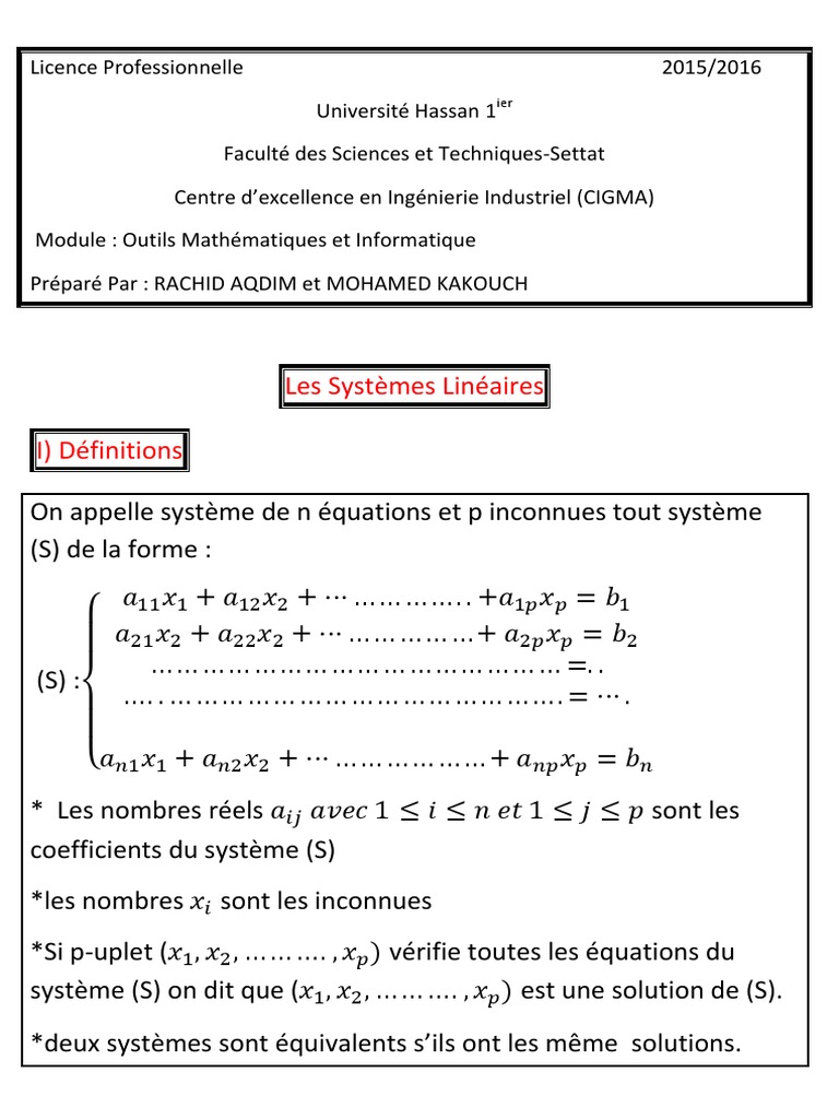 Systèmes Linéaires et Méthode de Gauss | PDF | Système d'équations ...