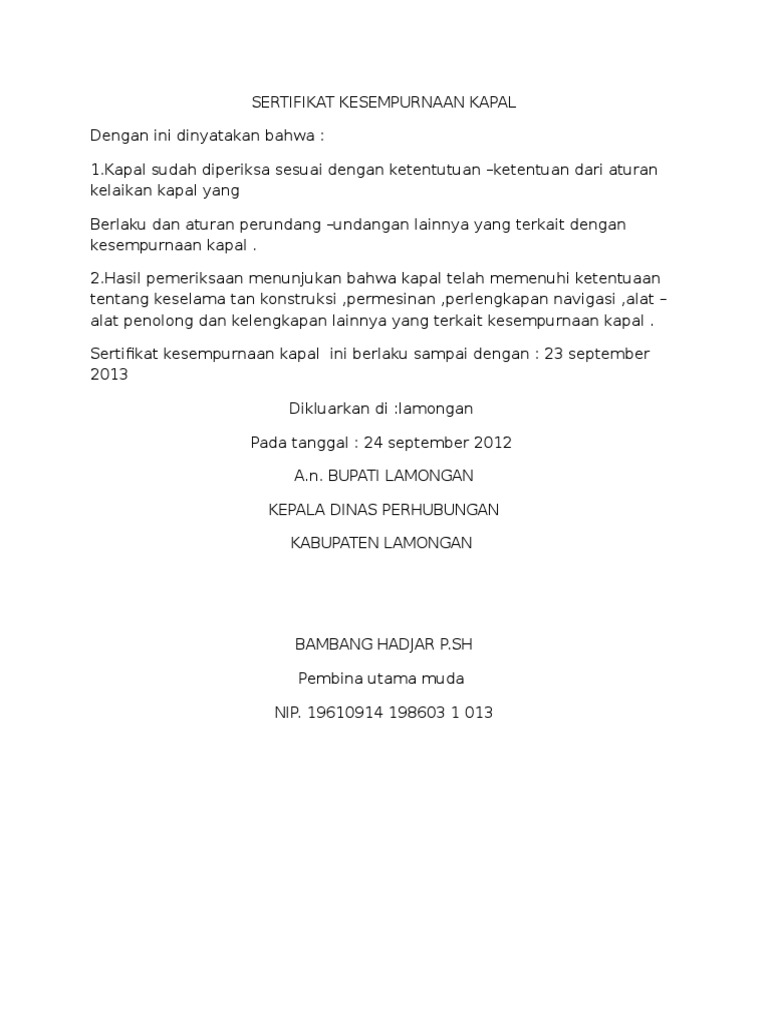 Sertifikat Kesempurnaan Kapal Azza Nur Laily | PDF