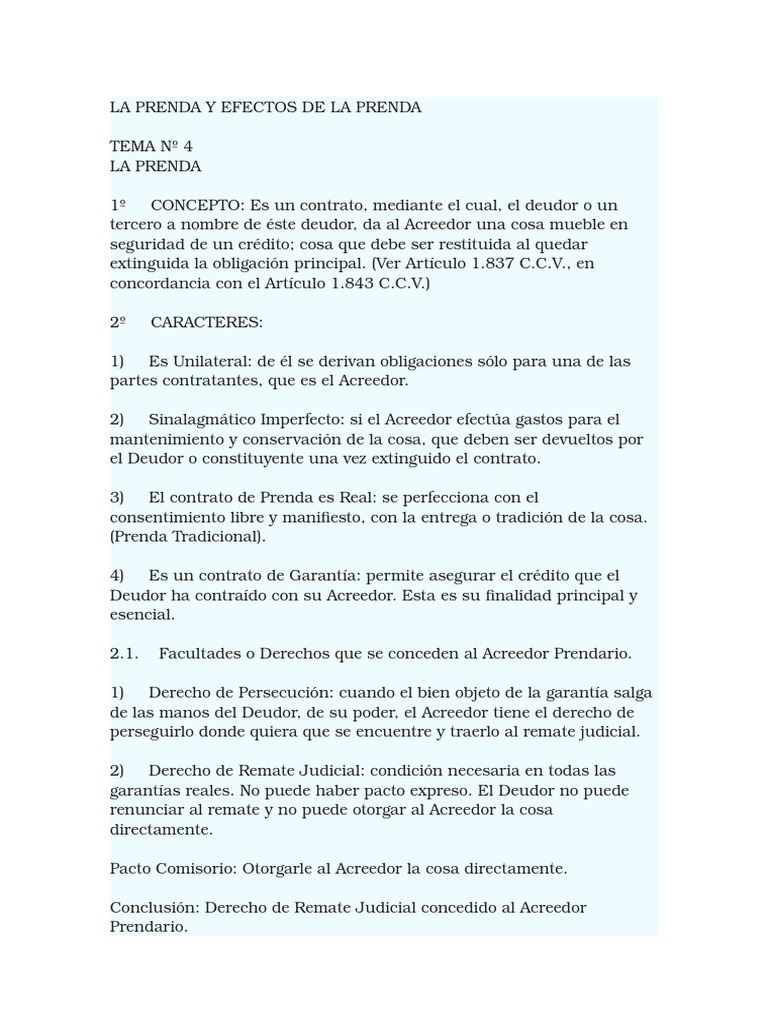 Concepto y Efectos de la Prenda | PDF | Pagos | Posesión (Ley)