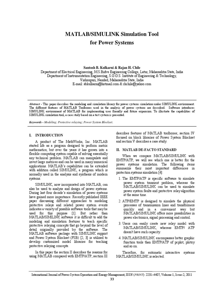 Matlab Simulink Simulation Tool For Power Systems Santosh B Kulkarni And Rajan H Chile Pdf