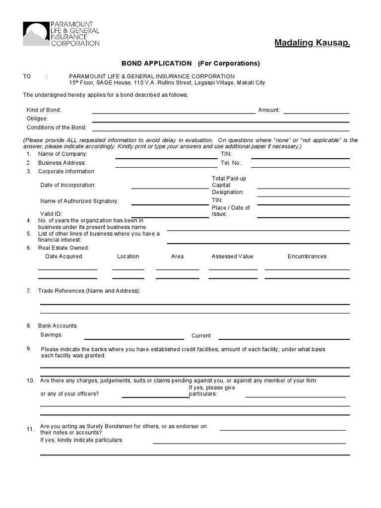 Bond Application Form Corporations | PDF | Surety Bond | Private Law