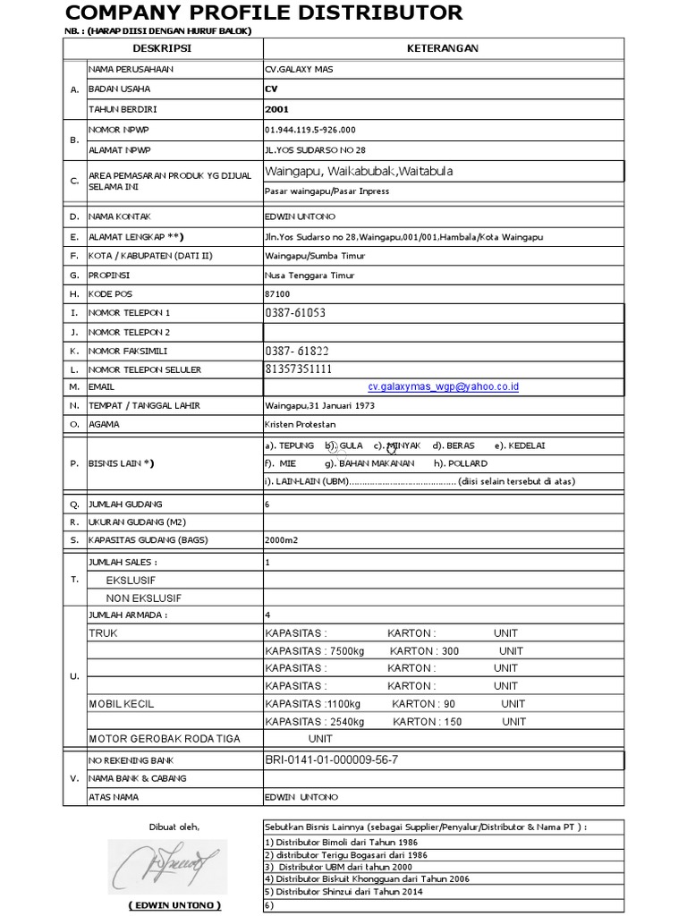 Form Profile Calon Distributor | PDF