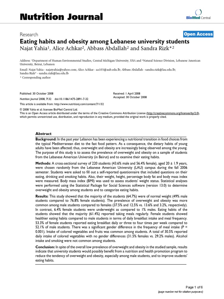 Nutrition Journal: Eating Habits and Obesity Among Lebanese University ...