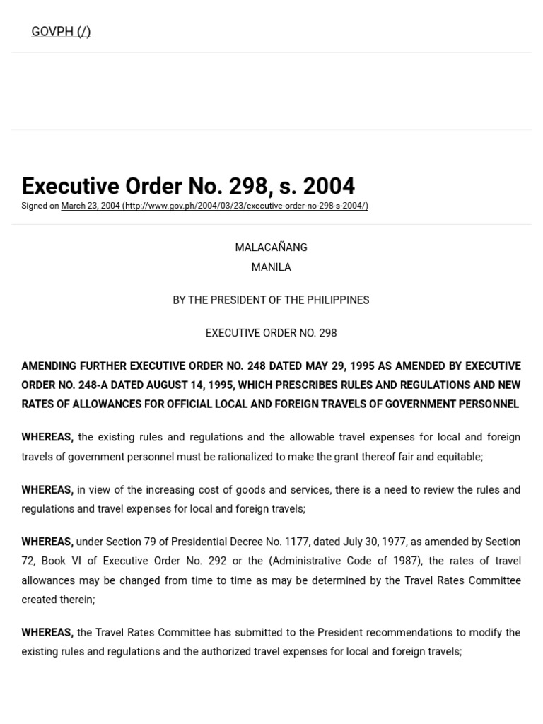Executive Order No. 298, S - Local Travel | PDF | Social Institutions ...