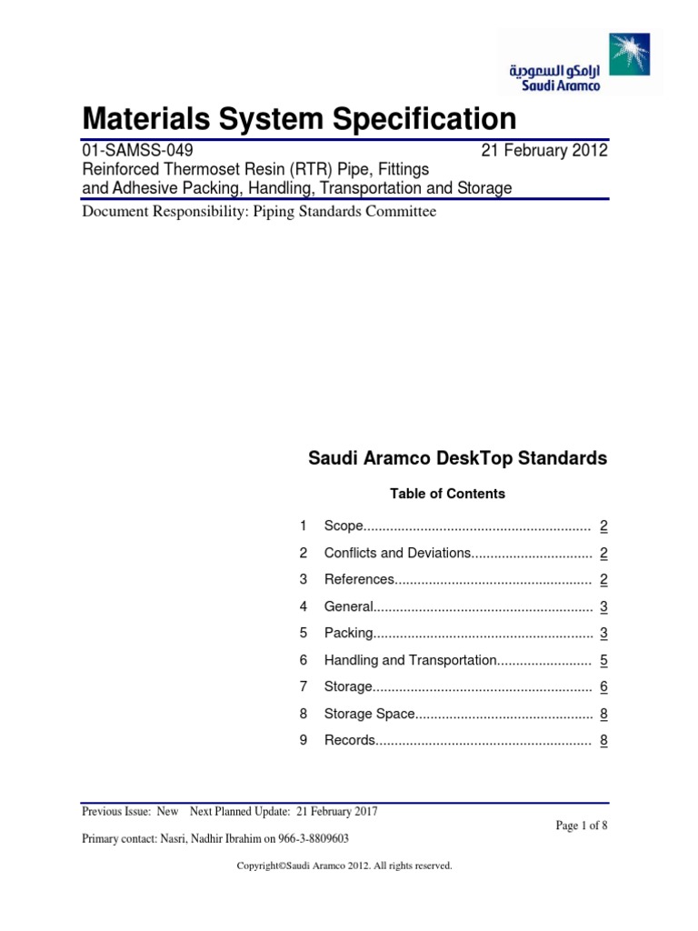 01-SAMSS-049 Reinforced Thermoset Resin (RTR) Pipe, Fittings and ...