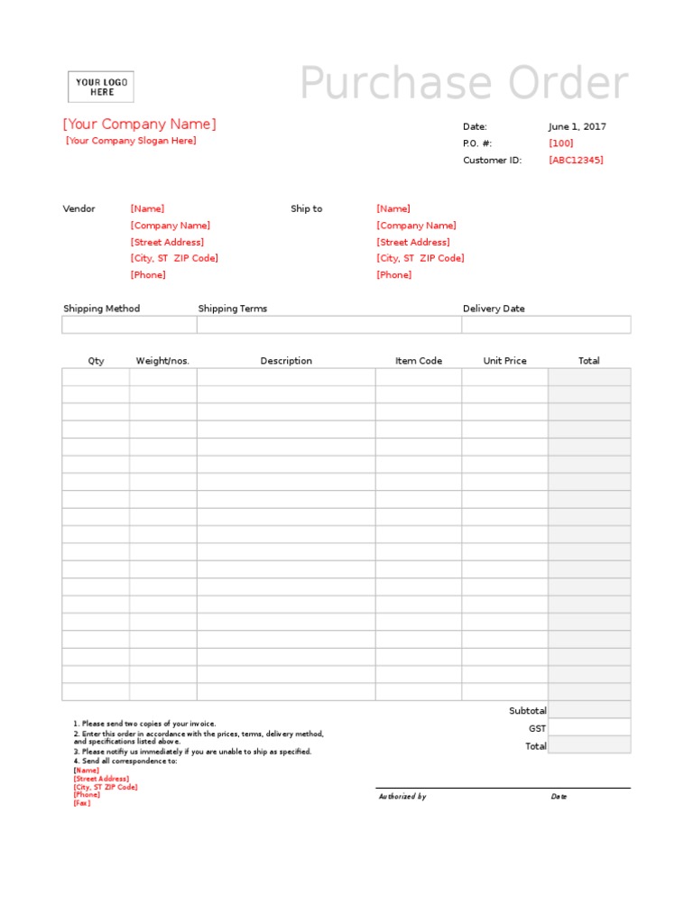 Blank Purchase Order Form | PDF