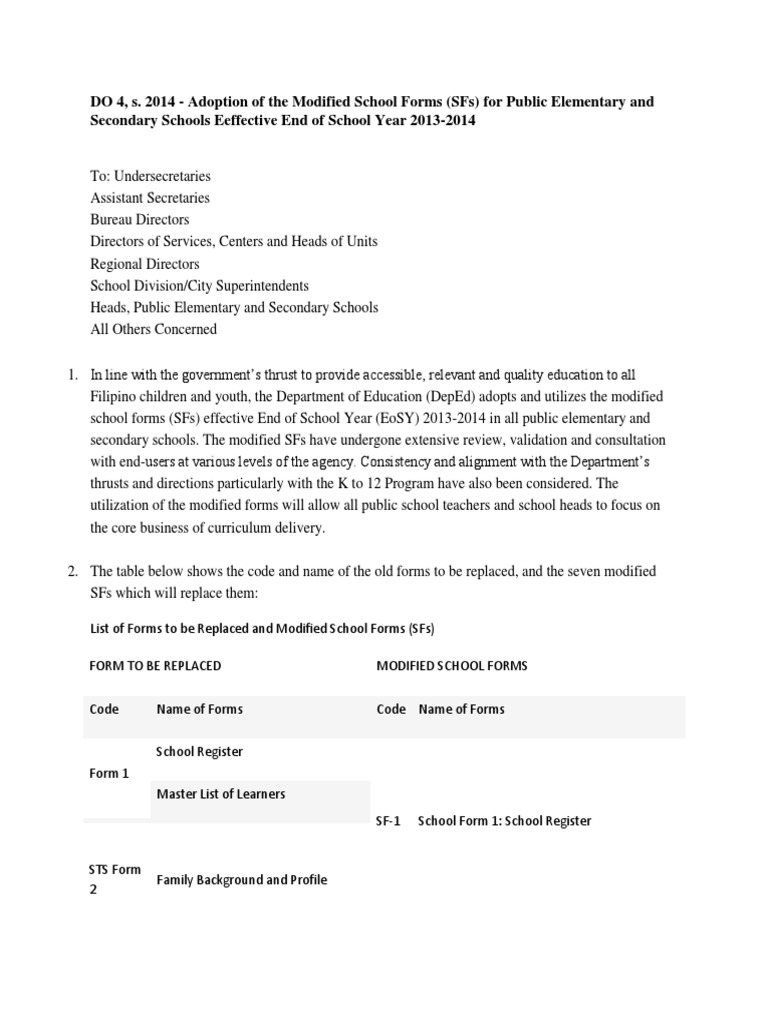 Do 4, S. 2014 - Adoption of The Modified School Forms (SFS) For Public ...