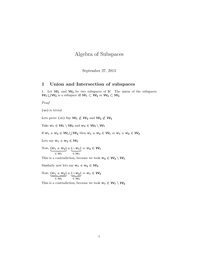 The Algebra of Subspaces: A Proof that the Union of Two Subspaces is a Subspace if and Only if ...