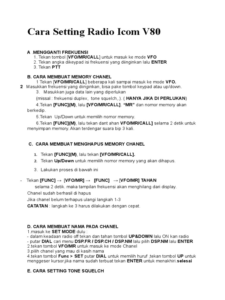 Cara Setting Radio Icom V80 | PDF