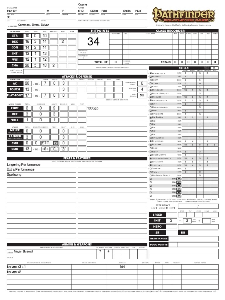 PF Char Sheet-Fillable 6 Pgs | PDF | D20 System | Role Playing Games