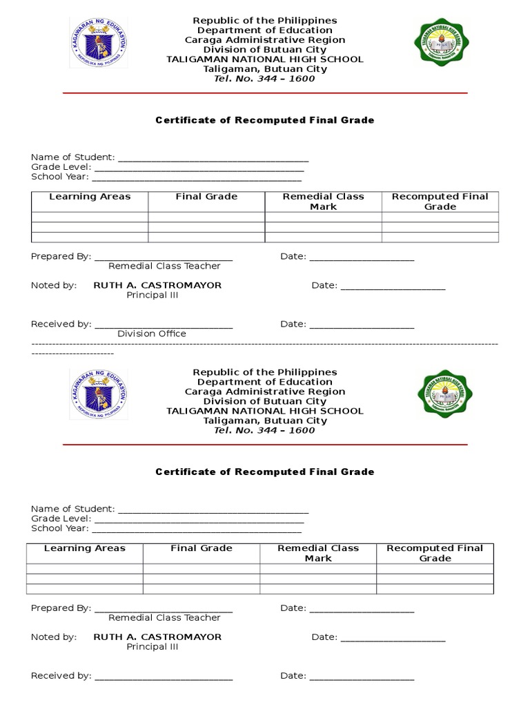 Certificate of Recomputed Grades | PDF | Philippines | Notes (Finance)