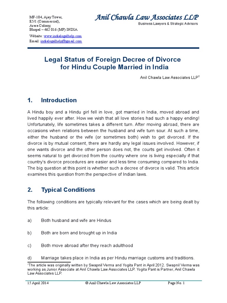 Legal Status of Foreign Decree of Divorce For Hindu Couple Married in India | PDF | Divorce ...