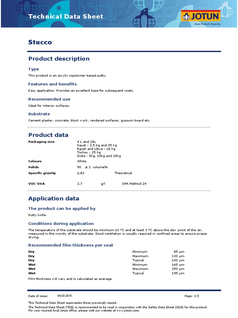 Acrylic Copolymer Based Putty for Interior Surfaces: Technical Data ...
