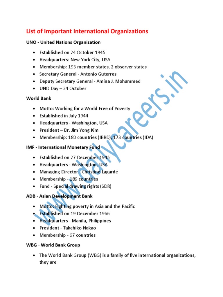 Important International Organizations | PDF | World Bank Group ...
