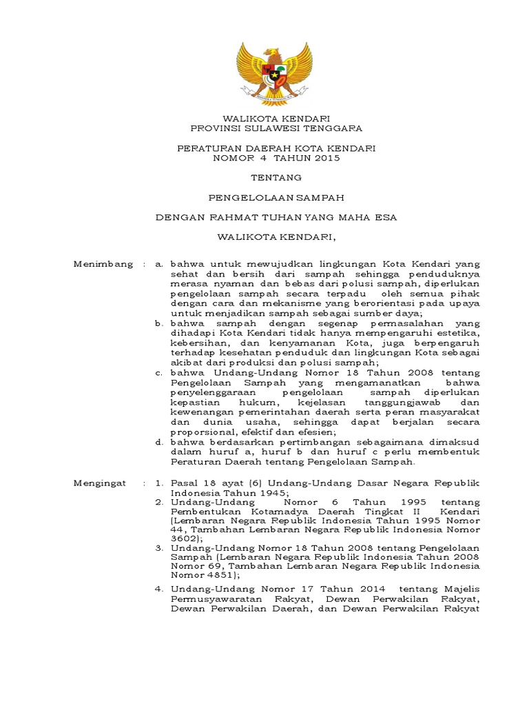 PERDA No.4 Tahun 2015 TTG Pengelolaan Sampah PDF | PDF