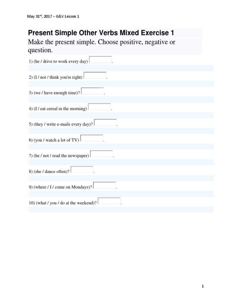 Lesson 1 - Present Simple Other Verbs Mixed Exercise 1 | PDF | Morphology | Onomastics