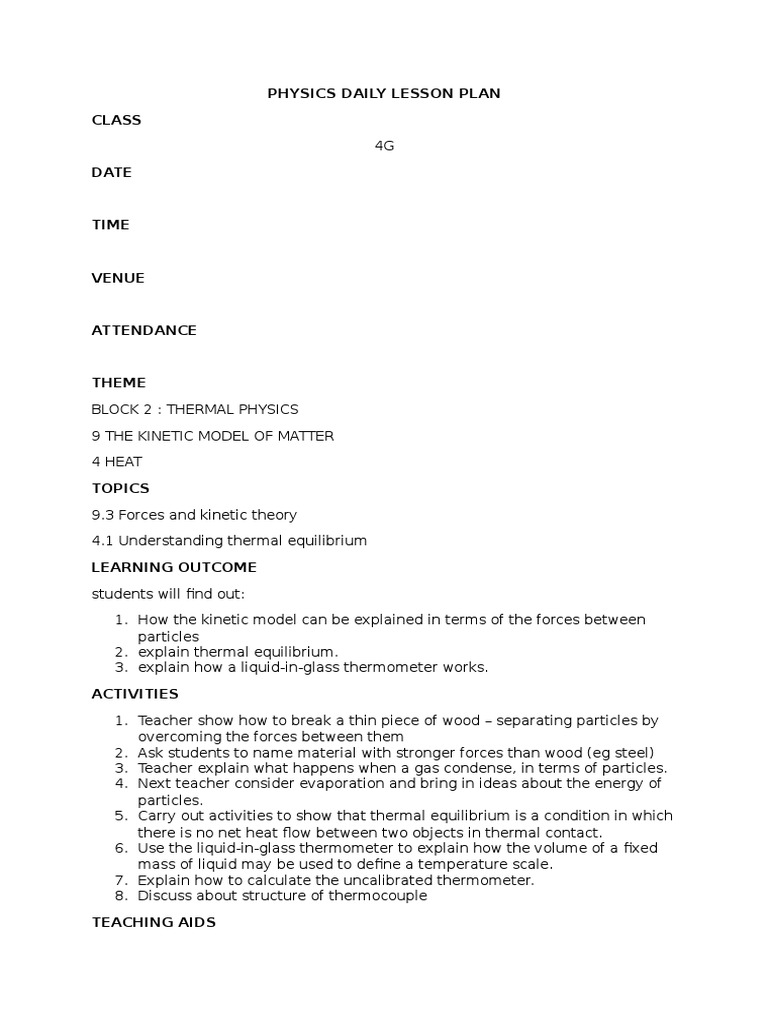 Physics Daily Lesson Plan Class | PDF | Gases | Lesson Plan
