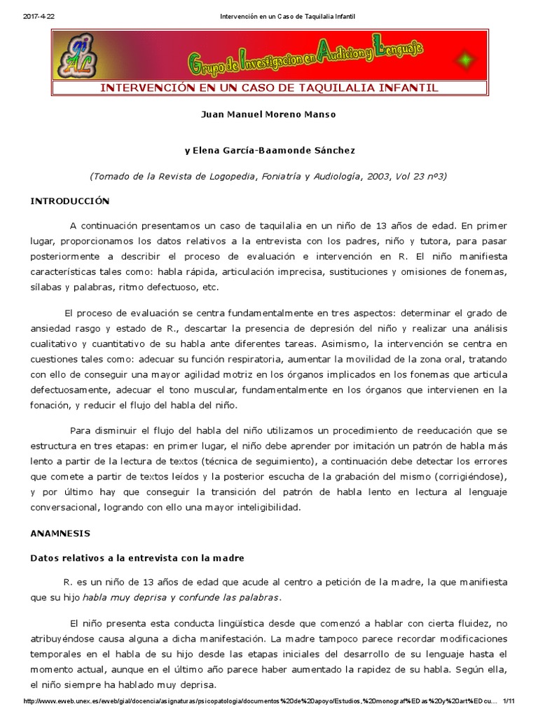 Intervención Taquilalia Infantil | PDF | Lectura (proceso) | Ansiedad