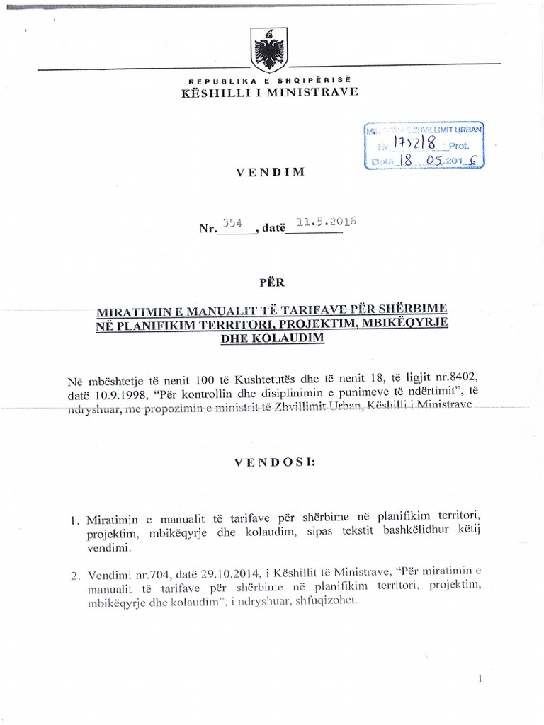 VKM - Nr. - 354, - Date - 11.05.2016 (Tarifa Projektim, Mbikqyrje Dhe ...