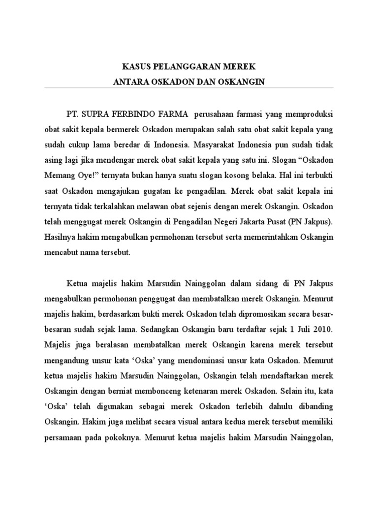 Contoh Kasus Pelanggaran Merek | PDF | Hukum