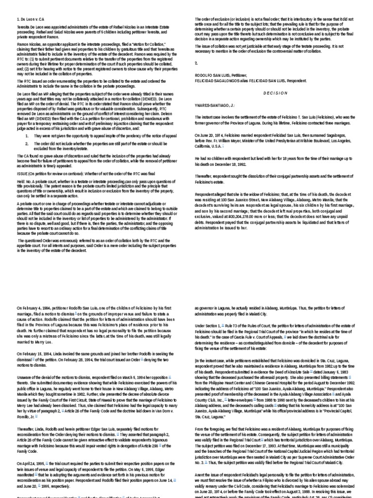 Rule 73-90 Case Digests | PDF | Probate | Intestacy