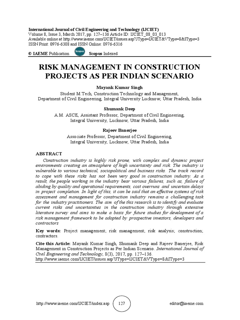 Risk Management in Construction Projects As Per Indian Scenario | PDF ...
