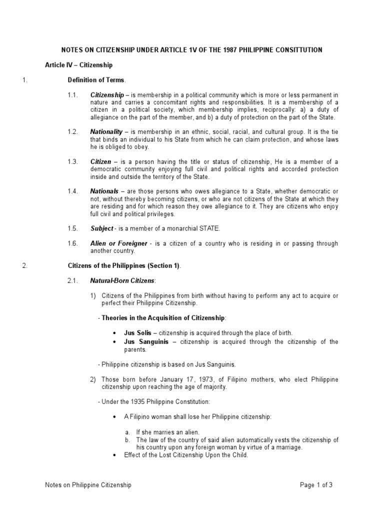 Notes On Philippine Citizenship | PDF | Naturalization | Allegiance