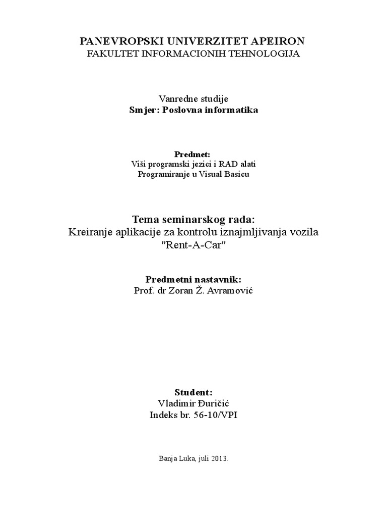 Seminarski Rad Visual Basic Rentacar Aplikacija | PDF