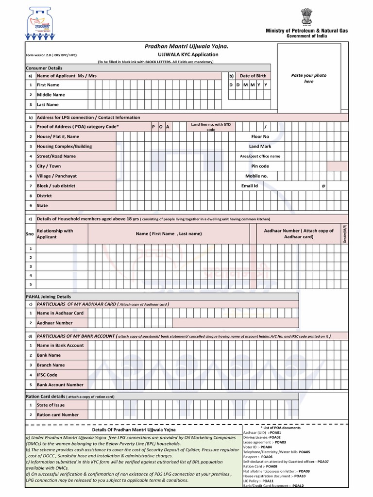 Ujjwala KYC Form in English Front Back | PDF