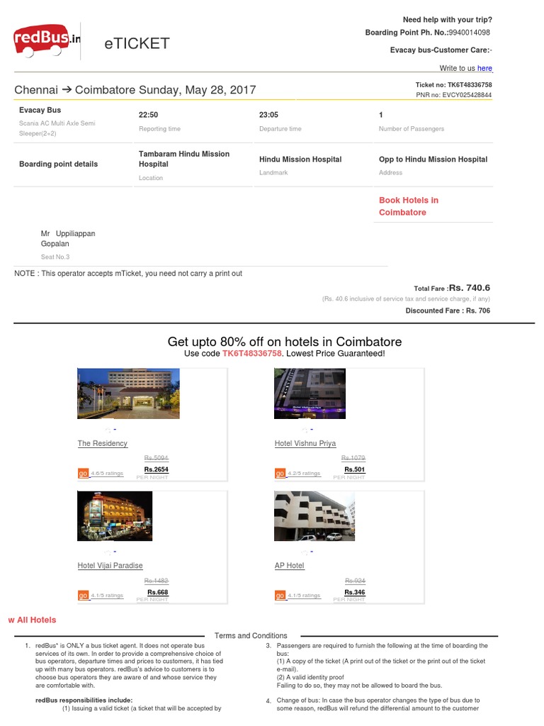 RedBus Ticket TK6T48336758 | PDF | Ticket (Admission) | Baggage