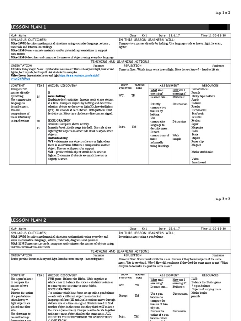 Mass - Heavy and Light Lesson Plan | PDF | Weighing Scale | Lesson Plan
