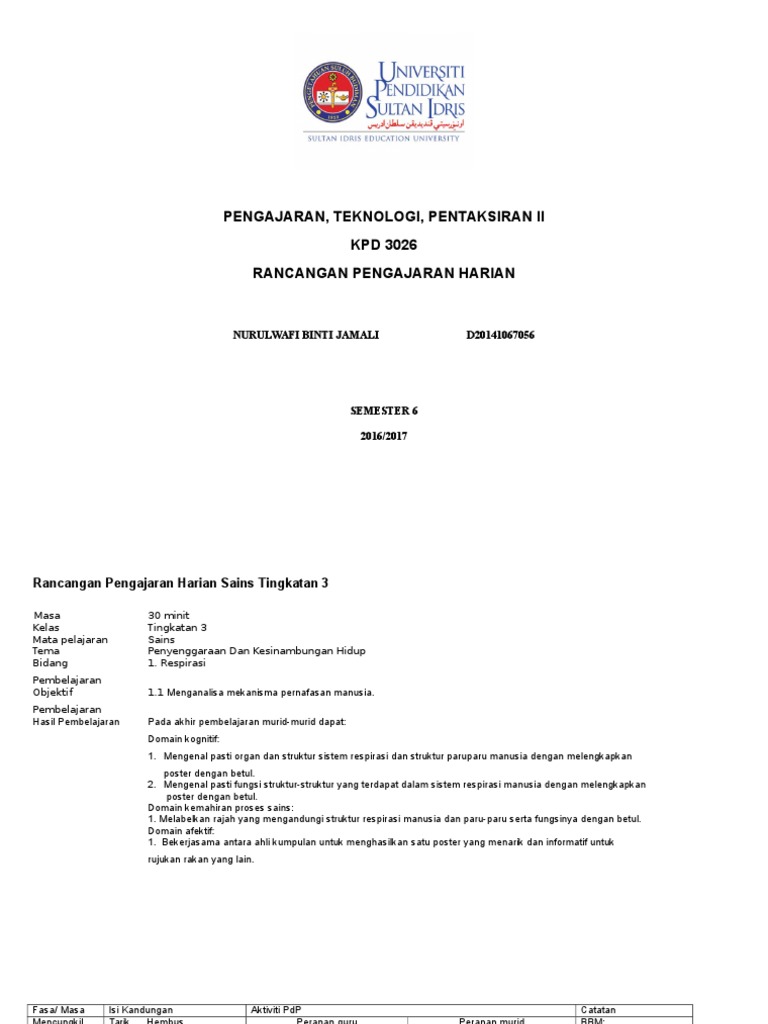 Rancangan Pengajaran Harian Sains Tingkatan 3 | PDF