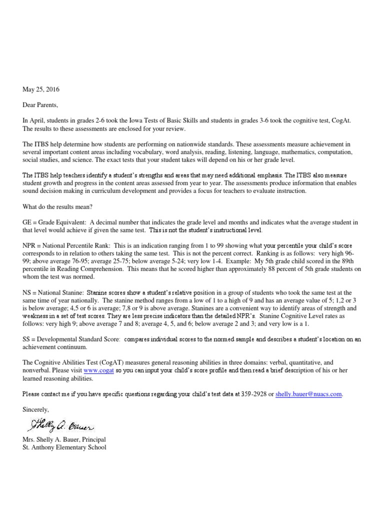 Parent Letter - Test Results | PDF | Educational Assessment | Reading ...
