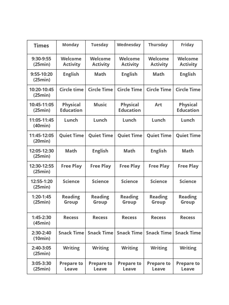 Weekly Classroom Schedule Overview | PDF