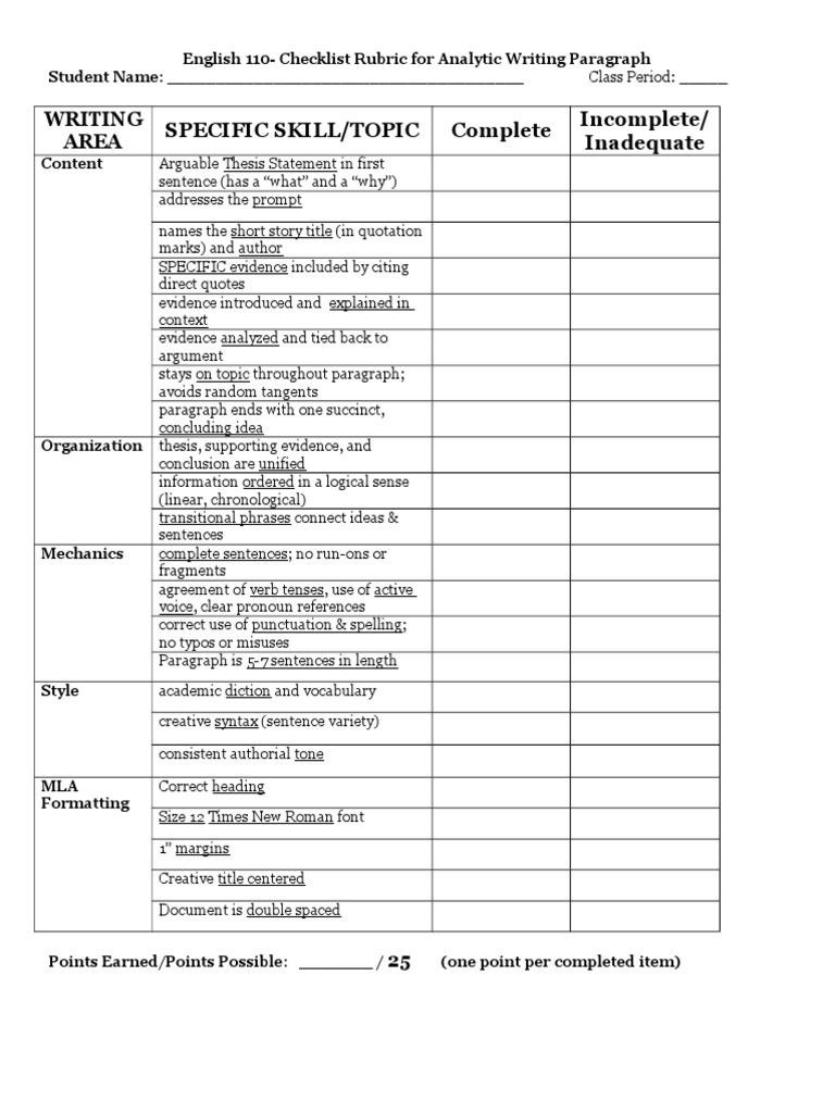 Analytic Writing Paragraph Checklist | PDF