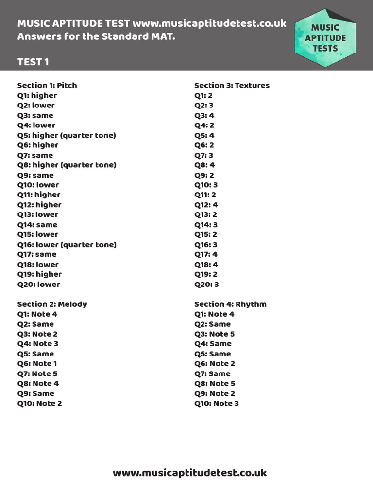 Standard Music Aptitude Test Answers | PDF
