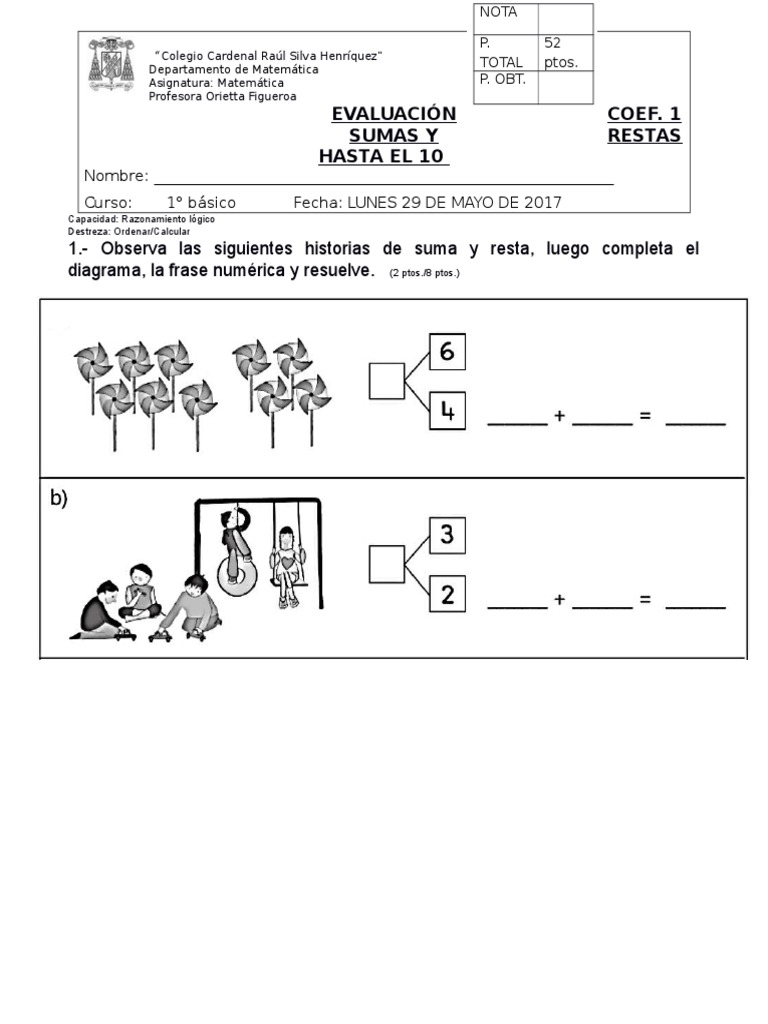Prueba Suma y Resta | PDF | Métodos y materiales de enseñanza