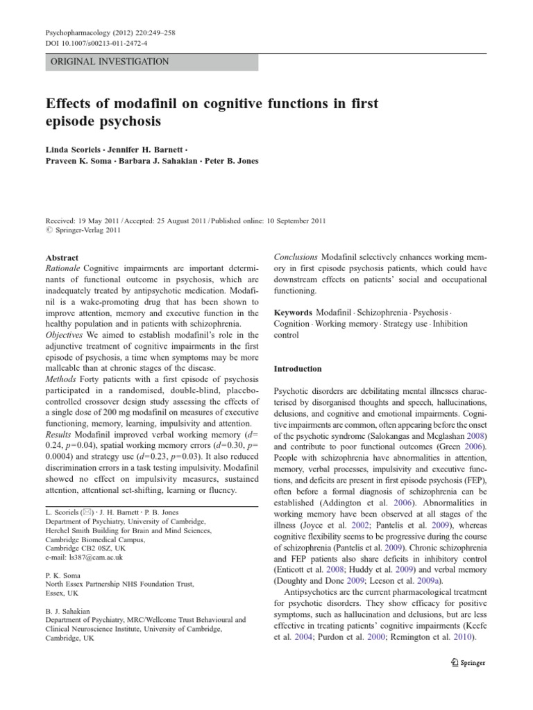 Effects of Modafinil On Cognitive Functions in First Episode Psychosis ...