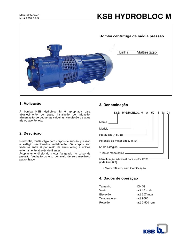 Manual técnico da bomba centrífuga de média pressão KSB Hydrobloc M | PDF | Parafuso | Bomba