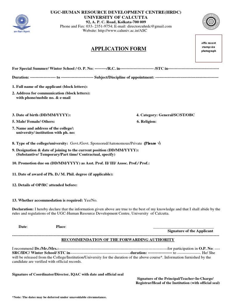 Application Form: Ugc-Human Resource Development Centre (HRDC ...