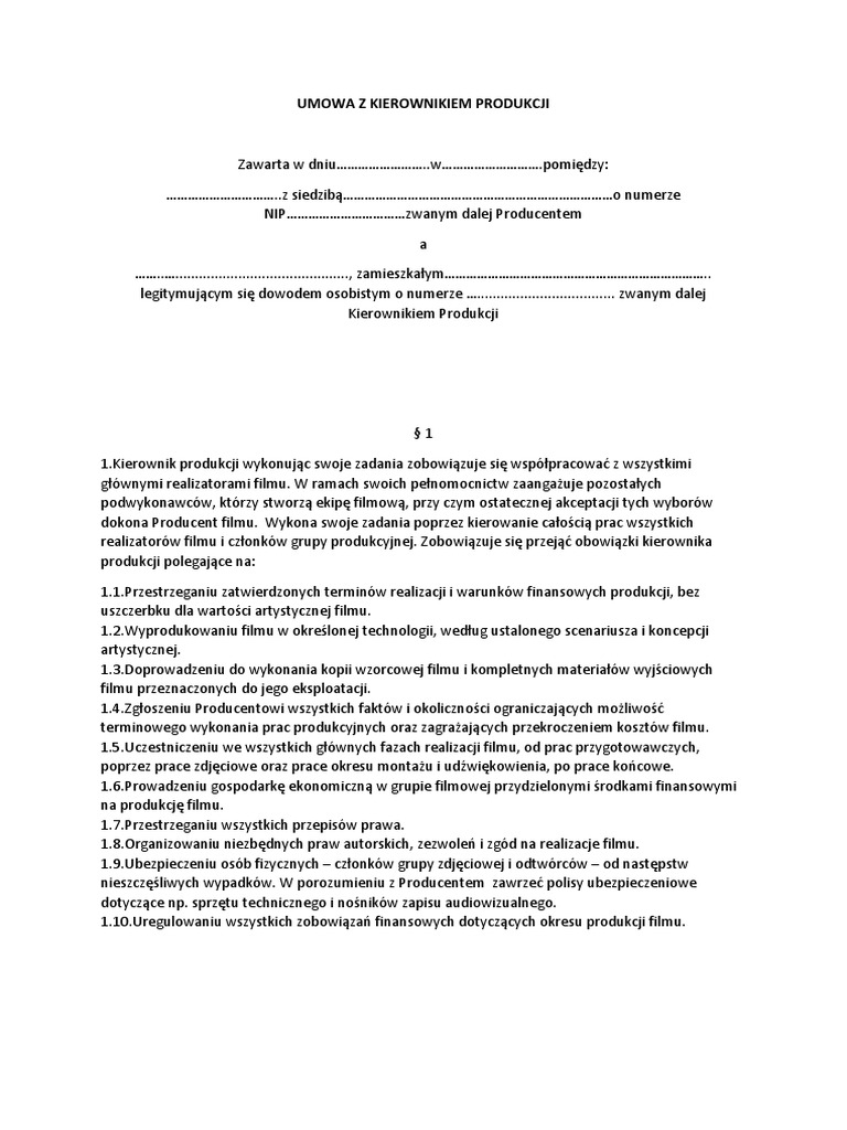 Umowa Z Kierownikiem Produkcji PDF | PDF