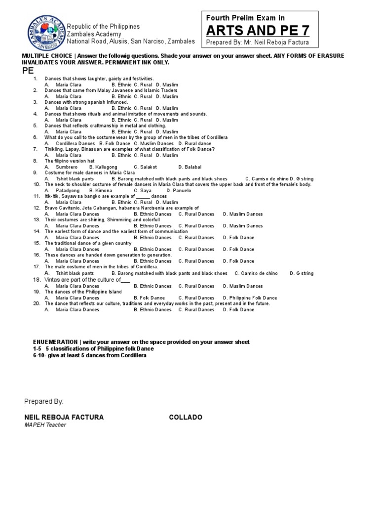 Grade 7 Arts Prelim | PDF | Philippines | Southeast Asia