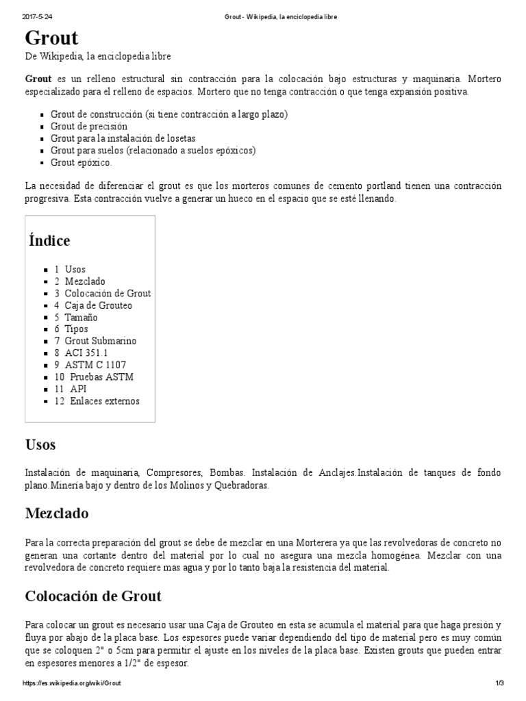 Grout - Wikipedia, La Enciclopedia Libre | PDF | Cemento | Ingeniería ...