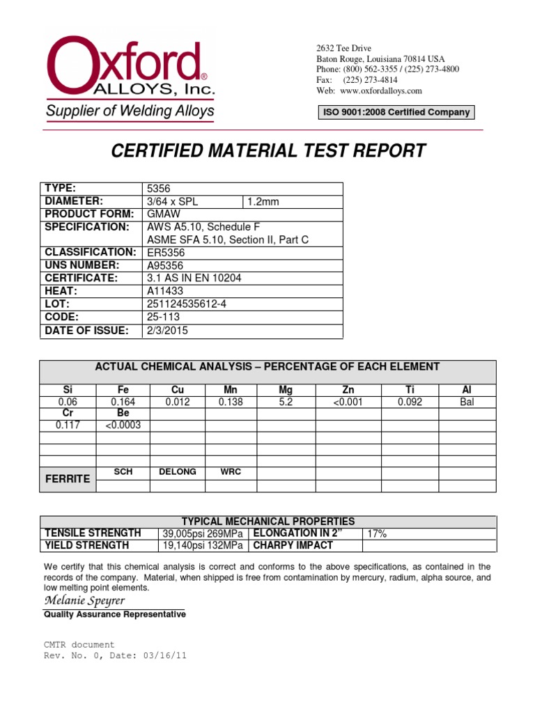Certified Material Test Report: Melanie Speyrer | PDF | Technology ...