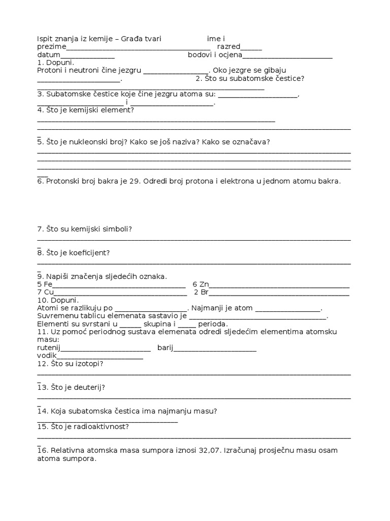 Ispit Znanja Iz Kemije (Lekcije 4.1. - 4.7.) GRAĐA TVARI | PDF